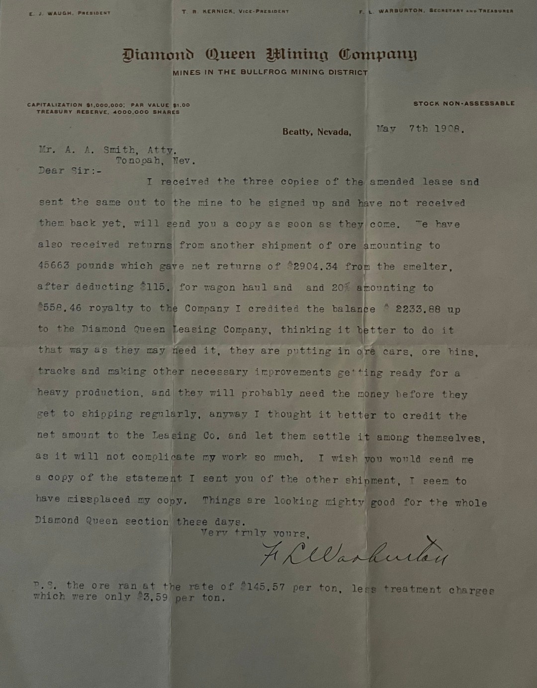 Diamond Queen, Bullfrog, Nevada Mining Letter on Letterhead, Mining ...