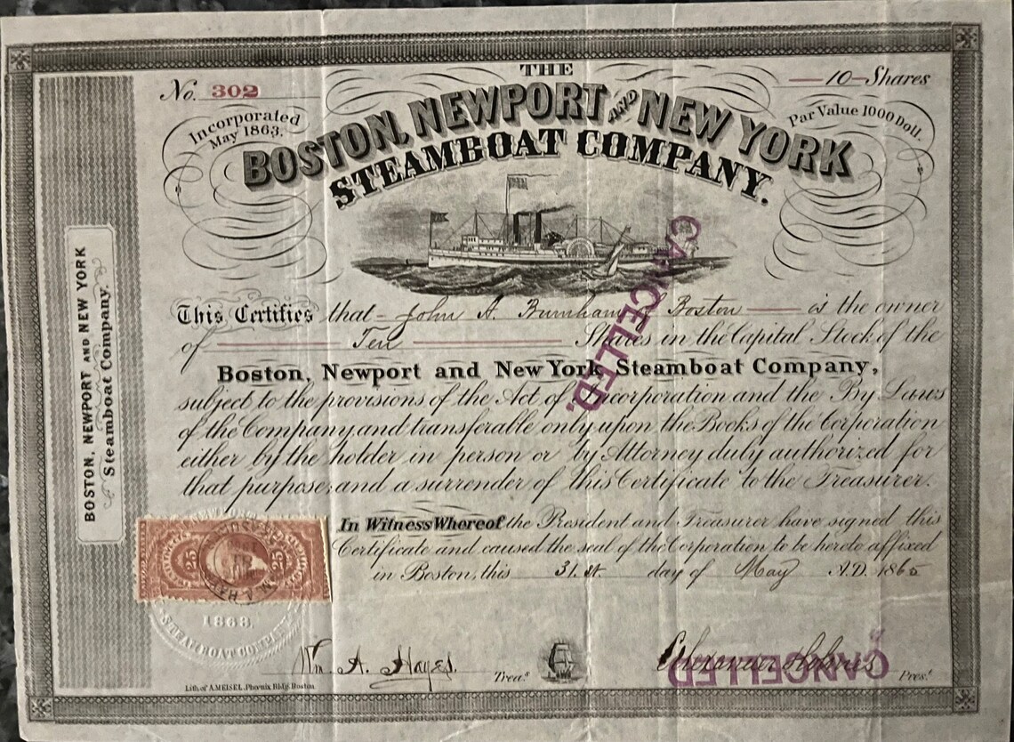 Boston, Newport & New York Steamboat Company Stock Certificate, 1865 - Etsy