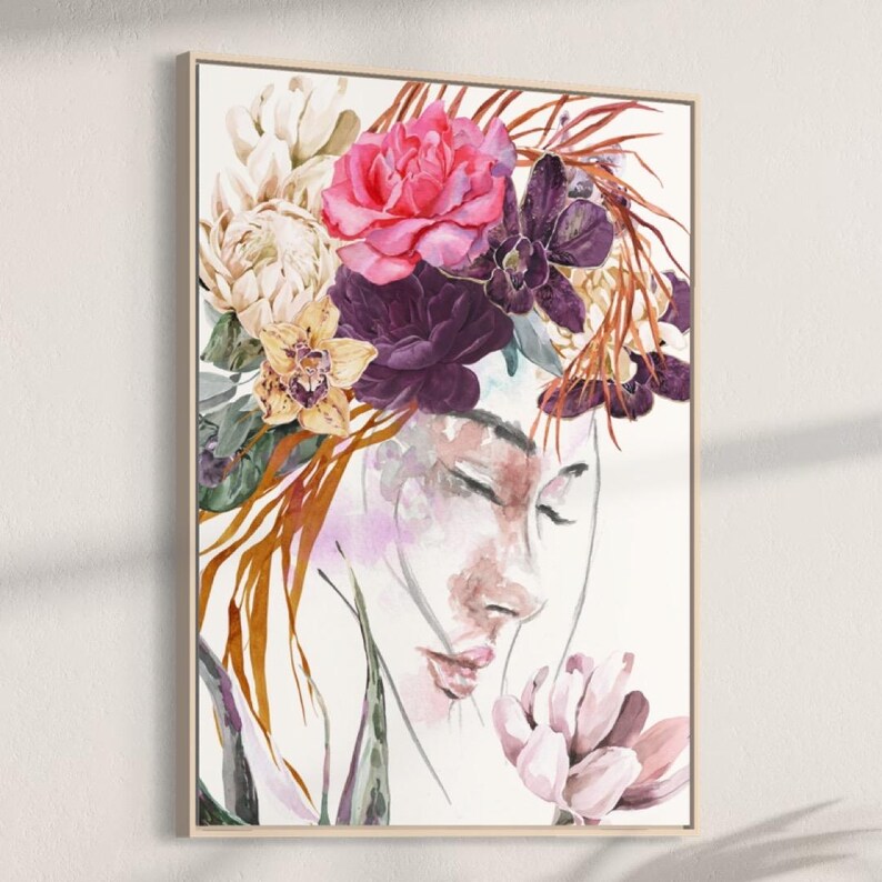 Floral Portrait Art Print | Woman With Flower Crown | Feminine Wall ...