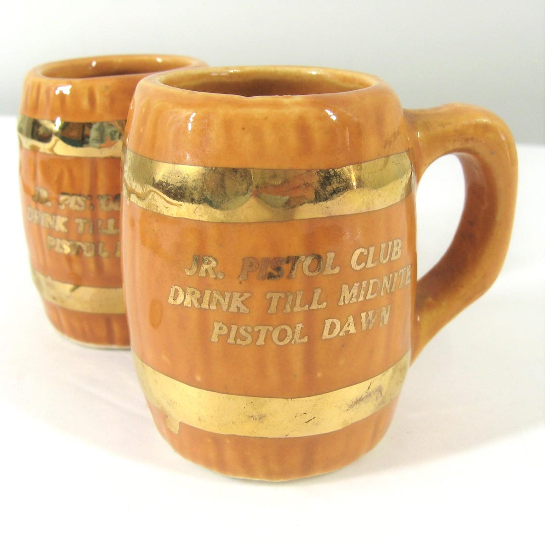Vintage Shot Glass Mug Set 2, Ceramic Mini Whiskey Barrel, Pistol Dawn ...