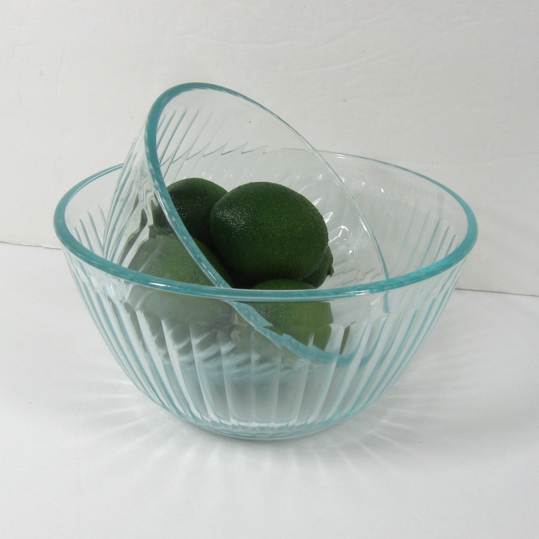 Set of 2 Pyrex Ribbed Mixing Bowls, 90's Vintage Blue/green Tinted ...