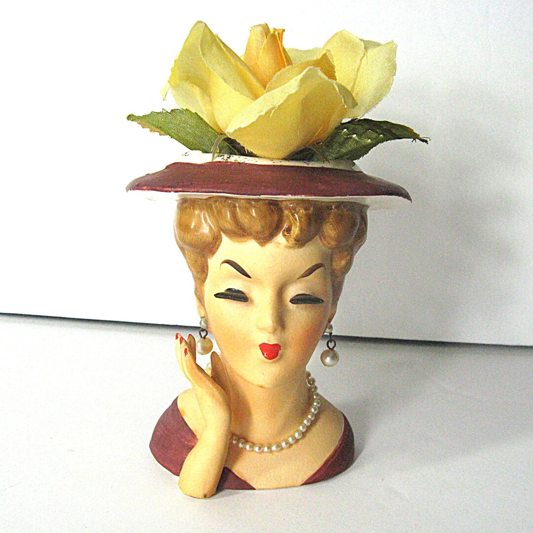 Vintage Lady Head Vase Lee Wards Japan Brown Hair, Wide Hat, Faux Pearl ...