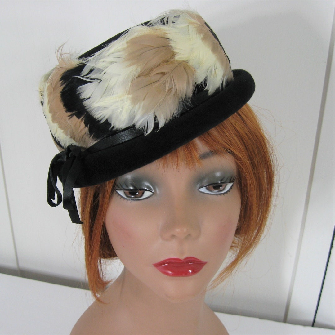 Women's Black Felt Bowler Hat Tri Color Feather Decorative Band, 1950s ...