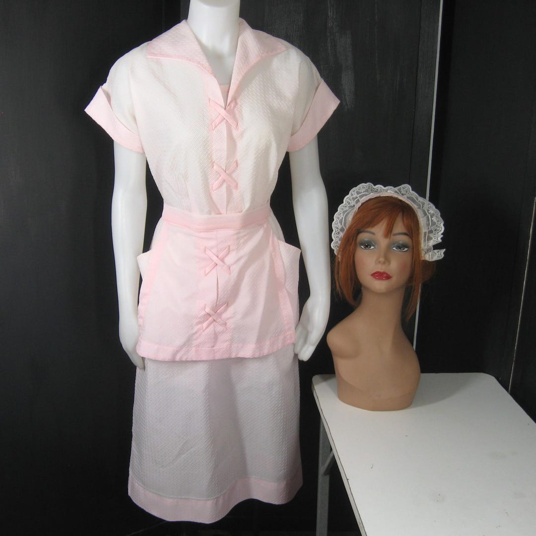 50s 60s Pink Waitress Dress Apron Headband Set Vintage Dacron Wash ...