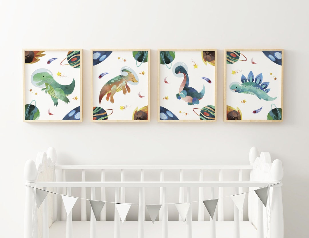Dinosaurs in Space Set, Dinosaurs Space Print Set, Space Nursery Print ...