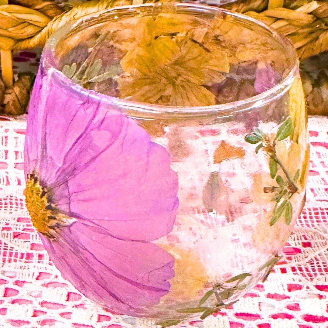 Pressed Wildflower Votive Candle Holder, Curved Glass Tea Light Holder ...