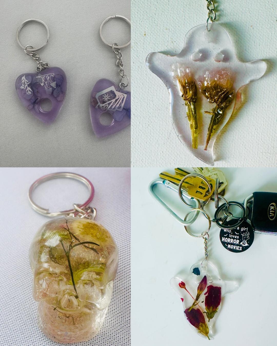 Resin Pressed Flower Keychain, Ghost Key Ring, Ouija Keychain, Skull ...
