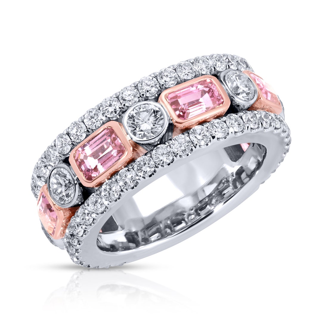 Emerald Cut Pink Sapphire and Round Diamond Band Ring - Etsy