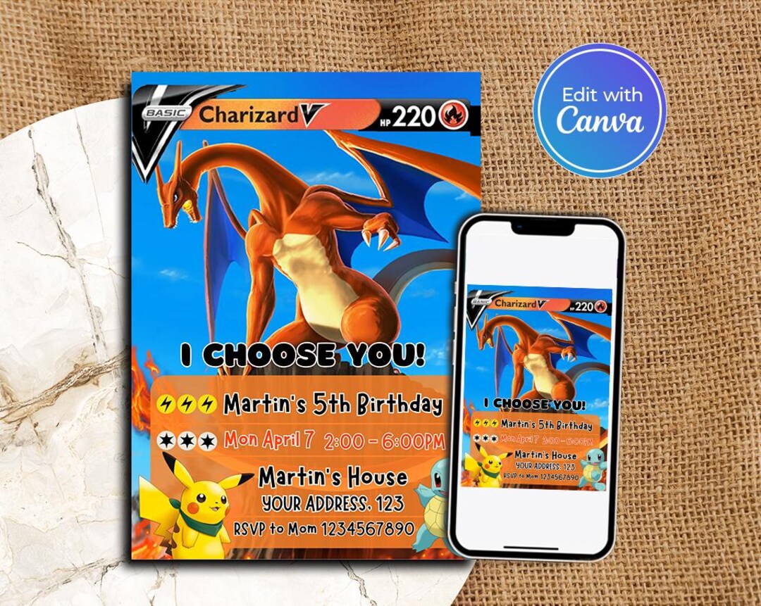 Editable Pokémon Birthday Invitation – Charizard Card Party Invite ...