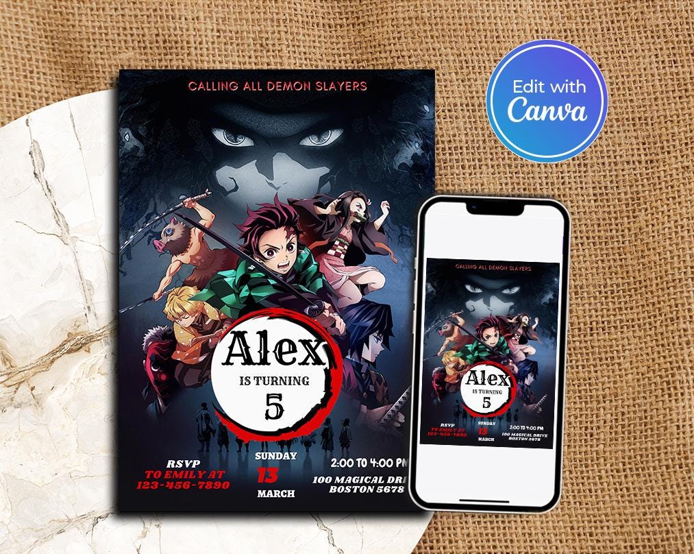Editable Demon Slayer Birthday Invitation – Anime Party Canva Template ...