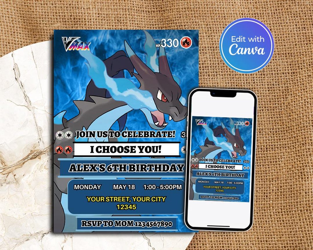 Editable Pokémon Birthday Invitation – Charizard Card Party Invite ...