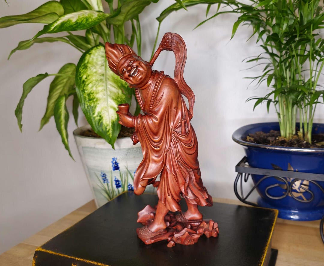 Hand-carved Wooden Laughing Monk Statue | Joyful Zen Figurine | Feng ...