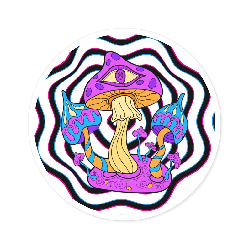 Trippy Mushroom Bumper Sticker, Retro Hippy Stoner Vibe Round Stickers ...