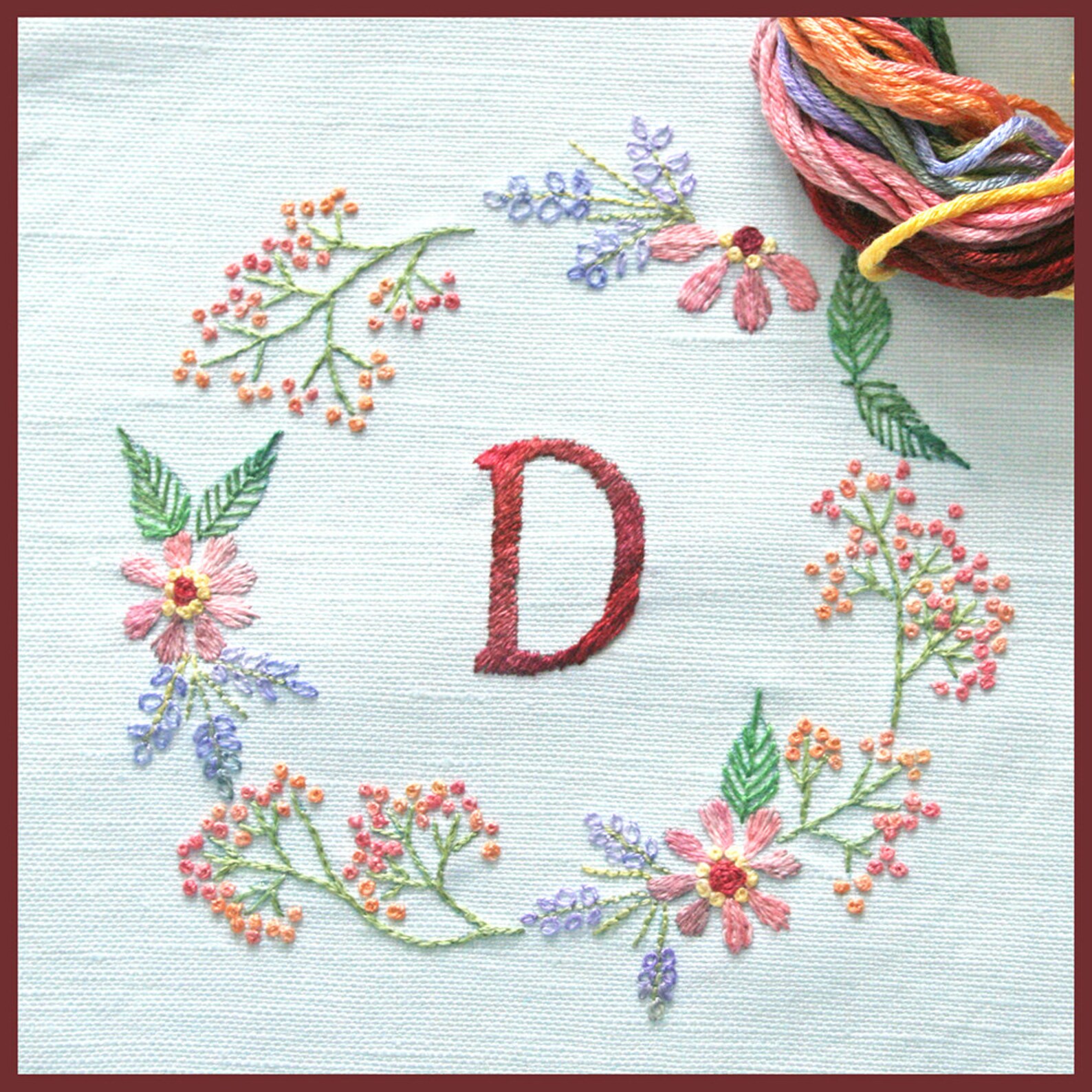 Crewel Embroidery Pattern DIY Embroidery Pattern Monogram Flower Wreath ...