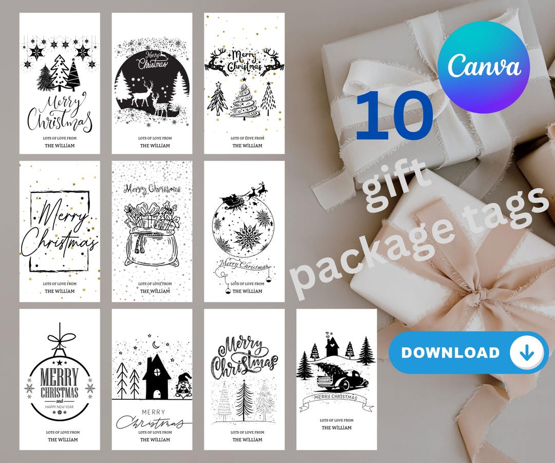 Christmas Gift Tag Bundle – Editable Holiday Labels, Minimal Black ...