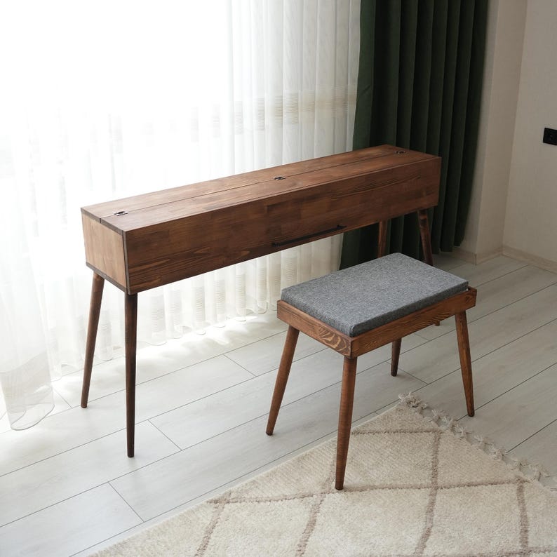 Handmade Solid Pine Piano Bench: Rustic Keyboard Stand, Walnut Finish ...