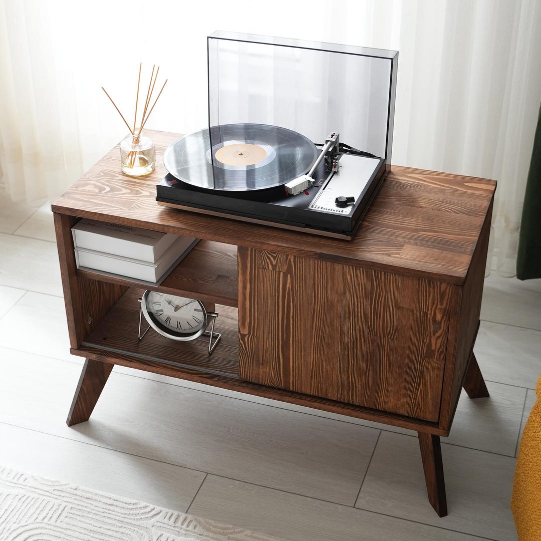 Large Record Player Stand, Mcm Turntable Stand, Solid Wood Vinyl Record ...