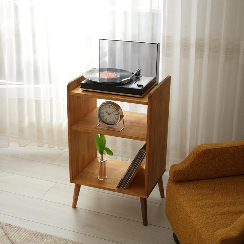 Solid Pine Wood Record Player Table With Storage, Rustic Stereo Cabinet ...