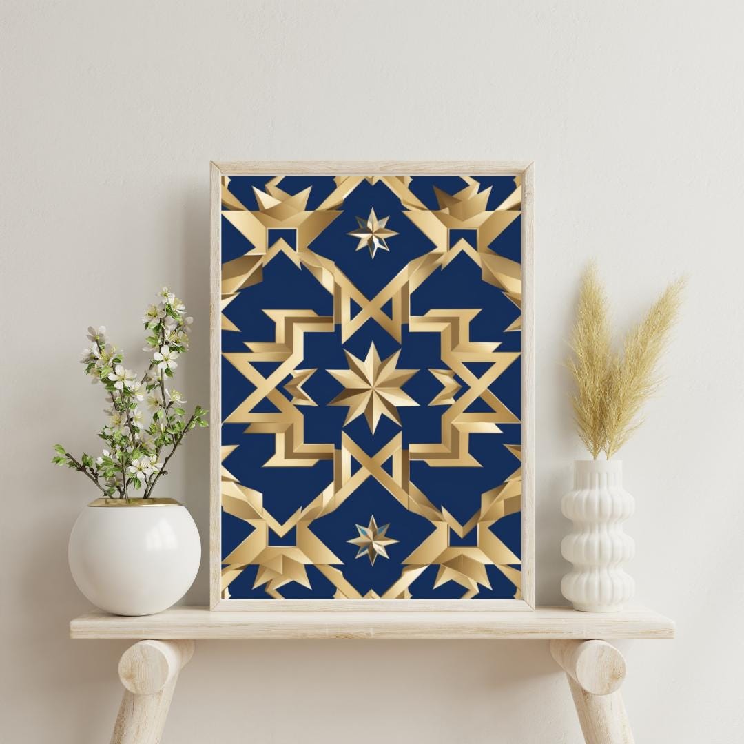 Islamic Geometric Art Print Bold Gold and Deep Blue Patterns Modern ...