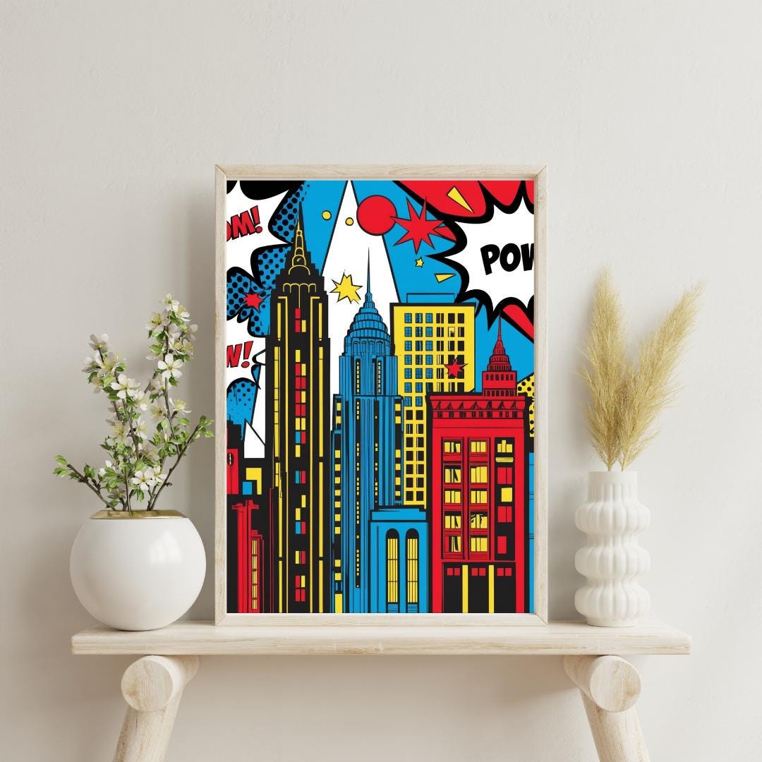 Pop Art City Skyline Print Comic Book Style Wall Art With Speech ...