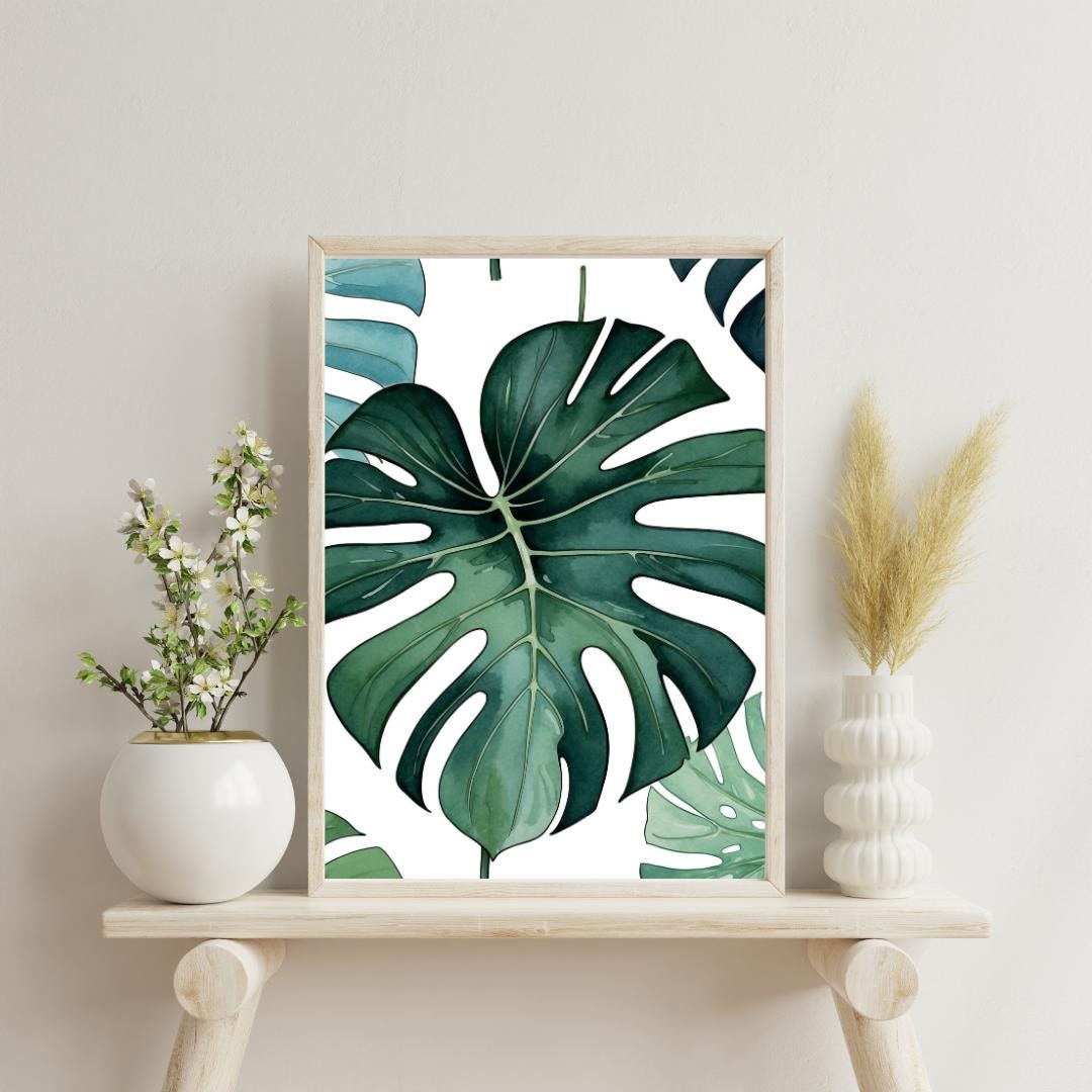 Monstera Leaf Line Art Print With Watercolor Shading Minimalist ...