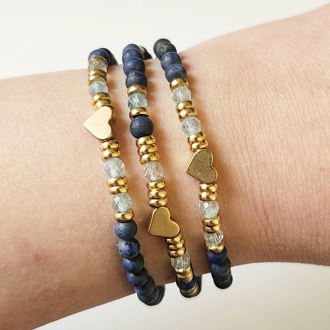 Beaded Blue Lapis, Aquamarine and Brass Heart Stackable Stretch Bracelets, Birthstone ...