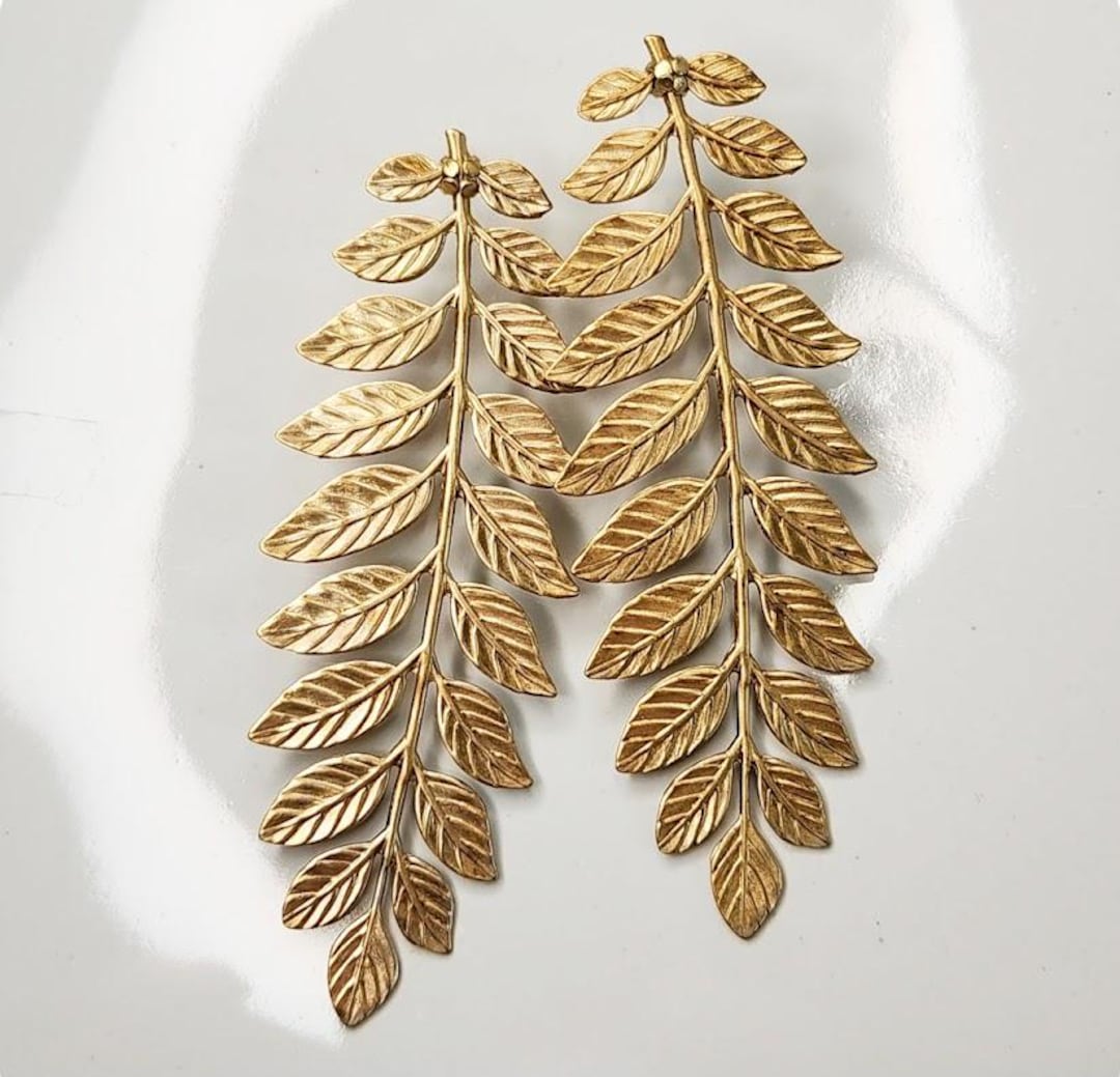 Brass Boston Fern Leaf Frond Long Statement Earrings & Stainless Steel ...