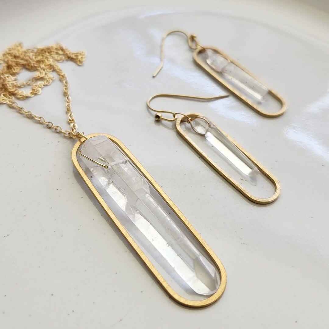 Natural Clear Quartz Crystal and Brass Oval Boho Modern Pendant ...