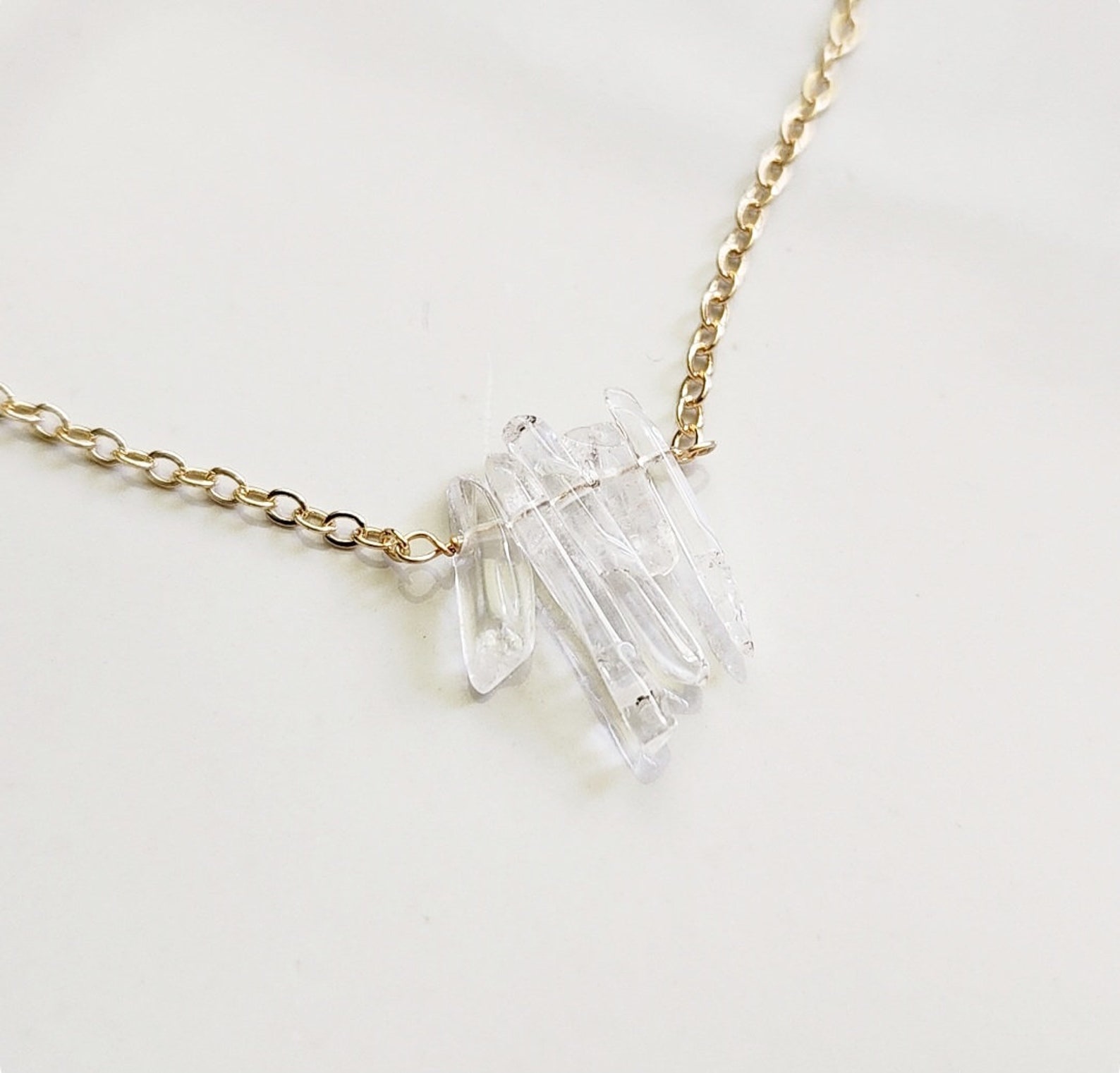 Natural Mini Quartz Stick Crystal Beaded Bib Choker Necklace in Brass ...