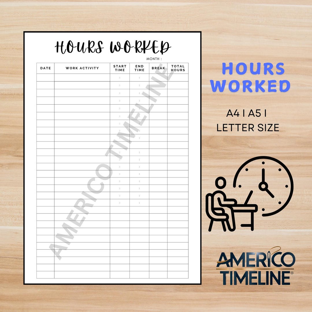 Work Hours Tracker Printable Journal Page Hours Worked Time Sheet Work ...