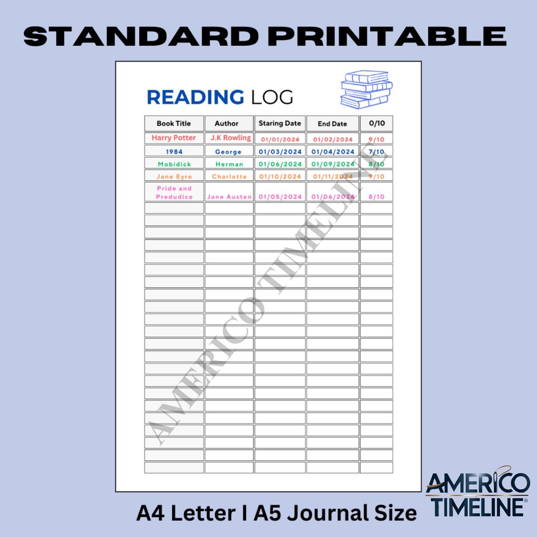 Reading Log Chart Printable Journal Page Planner Page Book Tracker ...