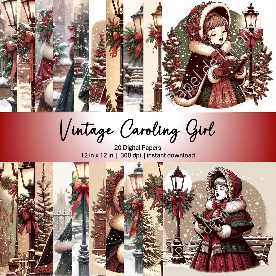 Vintage Caroling Girl Digital Paper High Resolution Digital Art 300 DPI ...