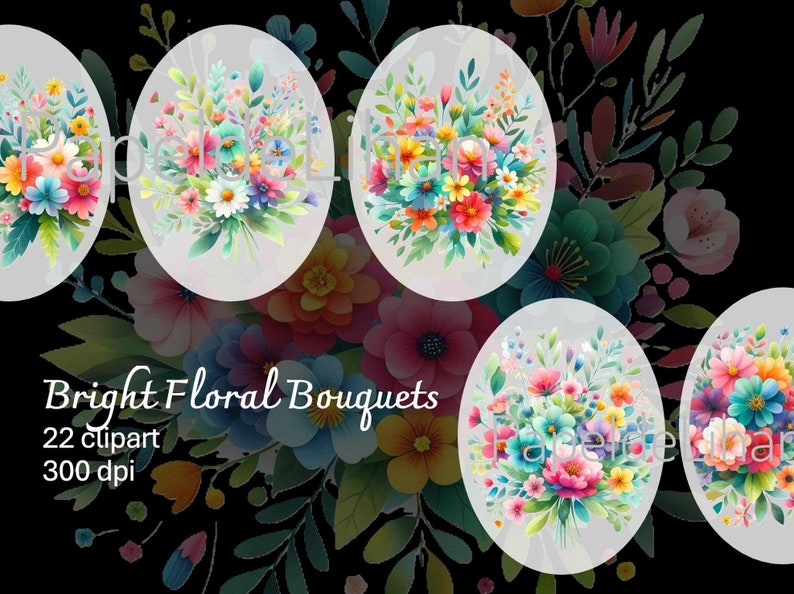 Bright Floral Bouquet Clipart Colorful Digital Flowers 300 DPI, PNG ...