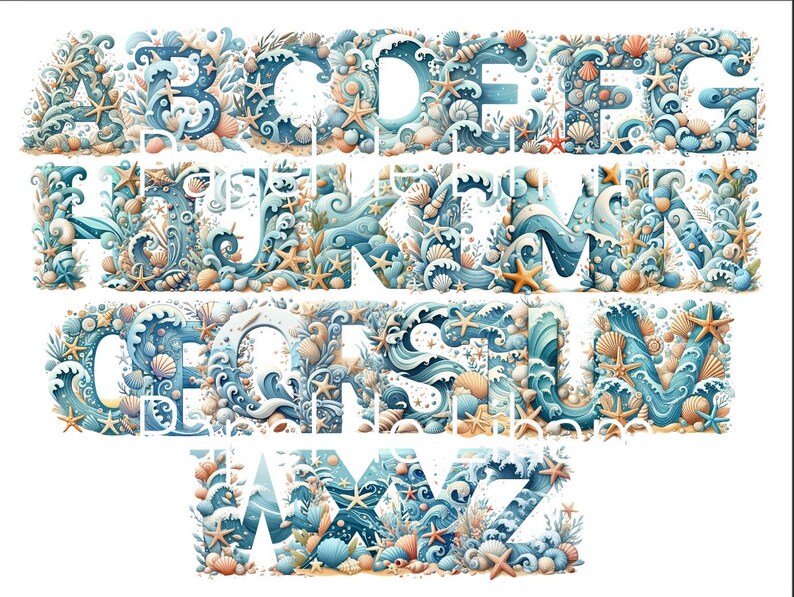 Ocean-themed Alphabet Art High-resolution Digital Printable Letters ...