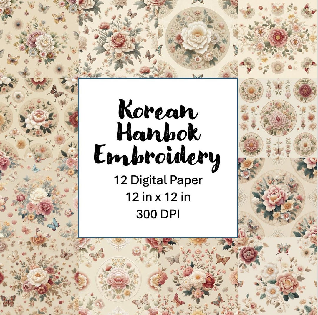 Korean Hanbok Embroidery Digital Paper – Korean Floral Seamless Pattern ...