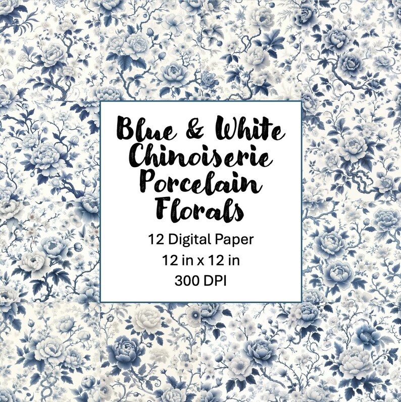 Blue Chinoiserie Floral Pattern | Porcelain Art Digital Paper (300 DPI ...