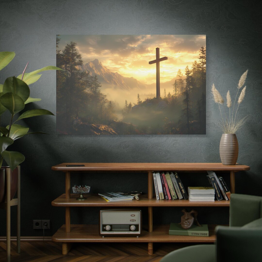 Christian Cross Sunrise Canvas, Inspirational Mountain Landscape Wall ...