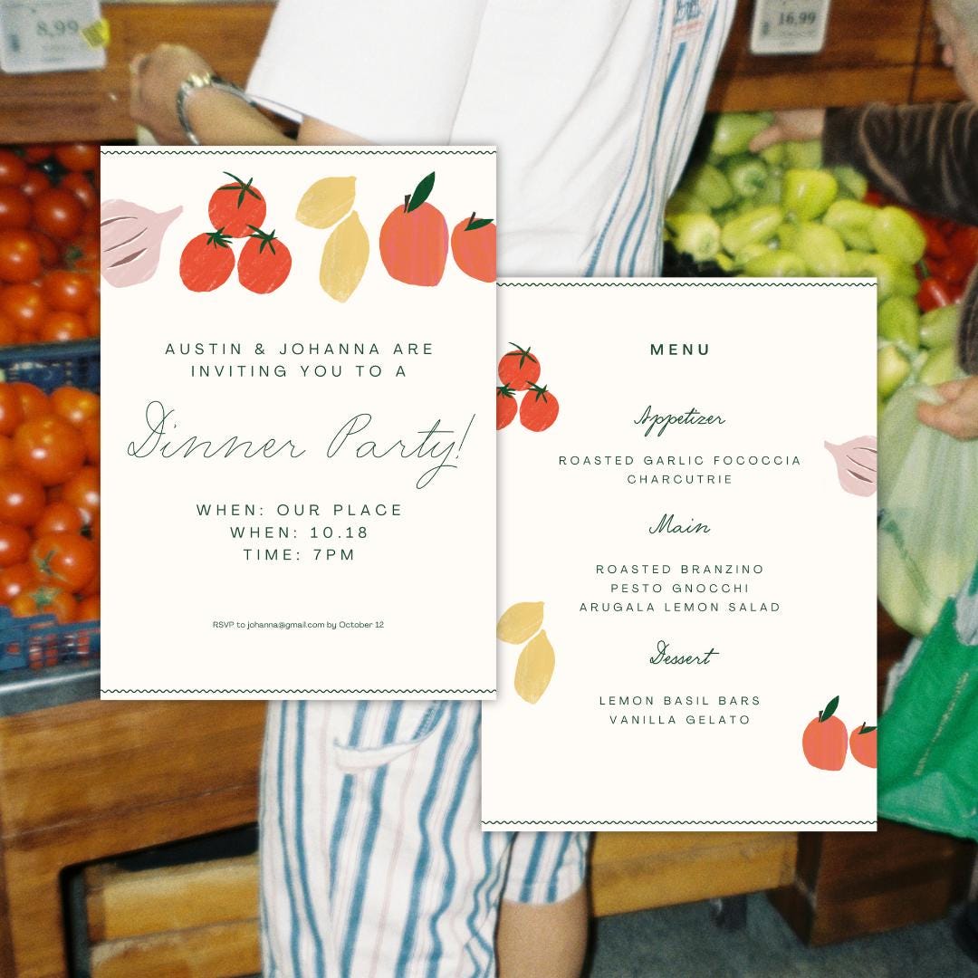 Cute Dinner Party Invite Invitation and Menu Template Veggie Hand Drawn ...