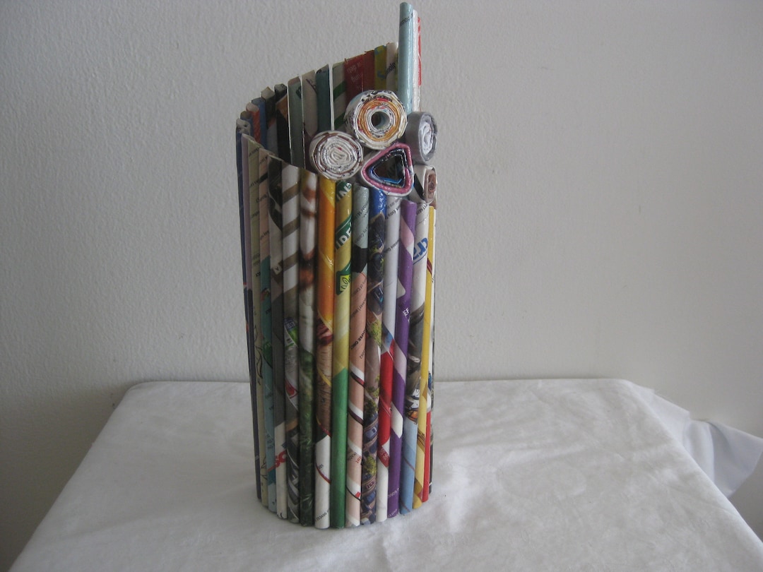 Vase, Hand Made Upcycled Magazine Paper Straws Surrounding a Glass Jar ...