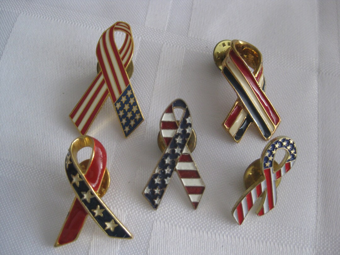 Patriotic, American Flag in Diff. Designs on Ribbon Shape Lapel Pins ...