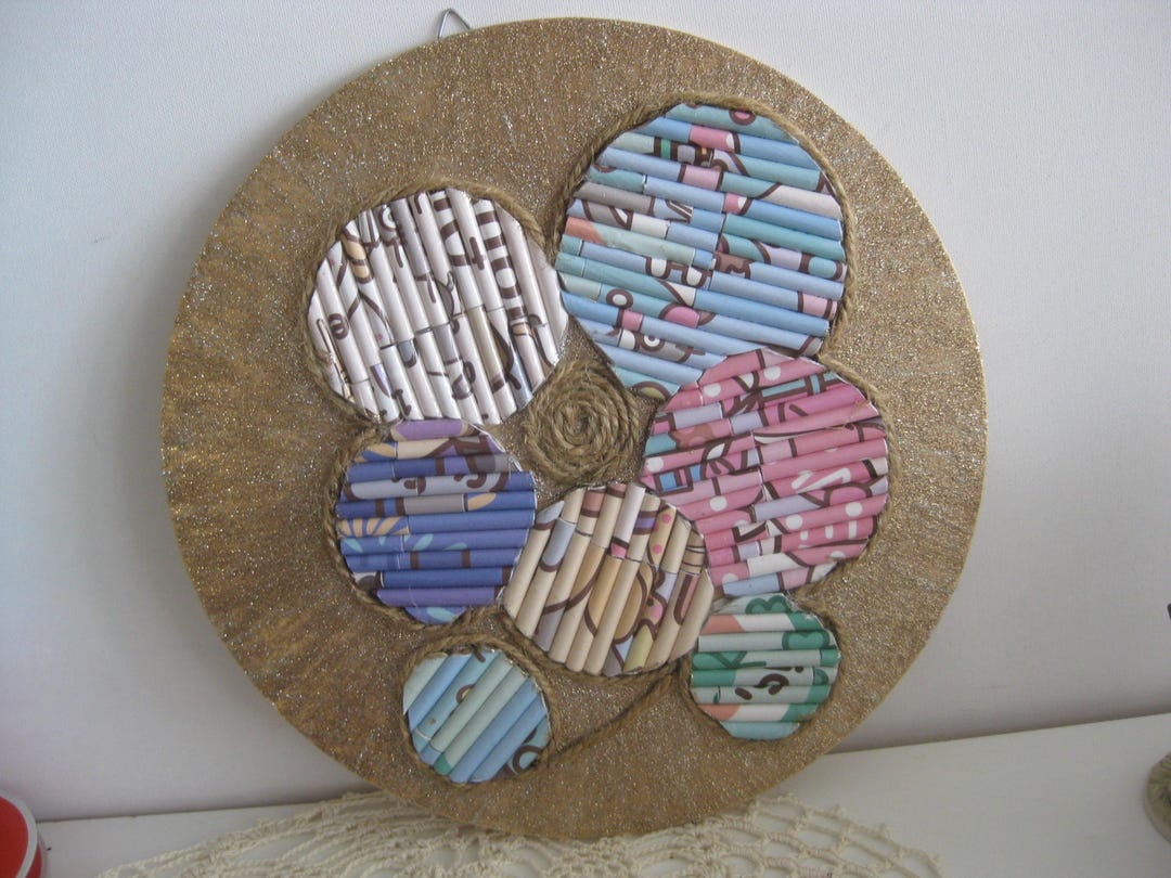 Upcycled Paper Wall Decor, Colorful Circles on Gold Color Wood Circle ...