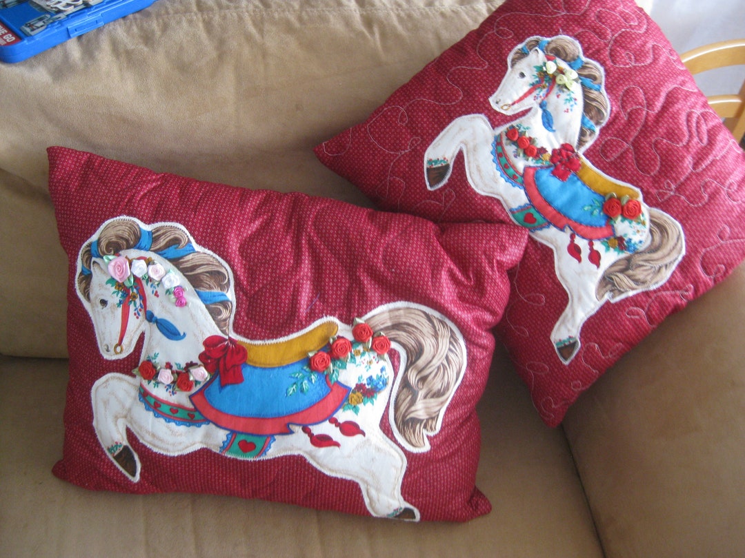 Hand Made Applique Carousel Horses, 2 Pillows Diff. Sizes. Girly Gift ...