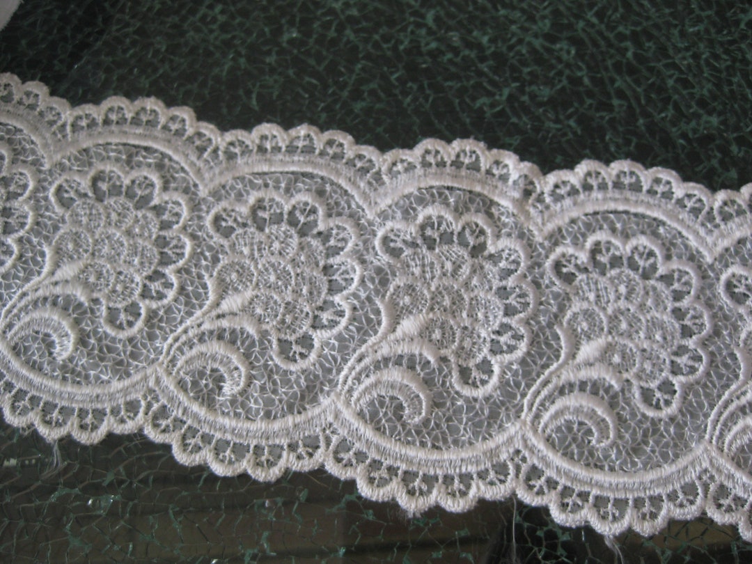 Embroidered White Lace Trim, Floral Design, Scalloped, 4