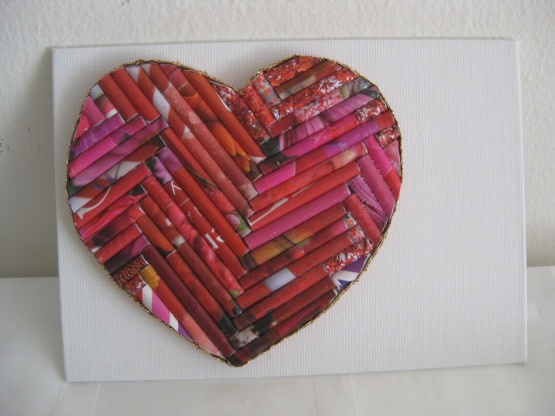 Mother's Day Gift, Upcycled Magazine Paper Rolls Red Heart on White ...