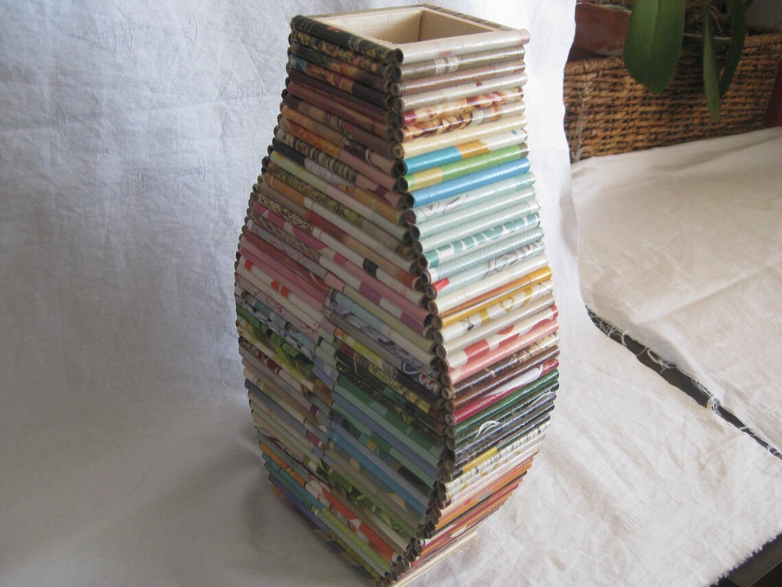 Wood Vase, Hand Decorated With up Cycled Magazine Paper Rolls, Home ...
