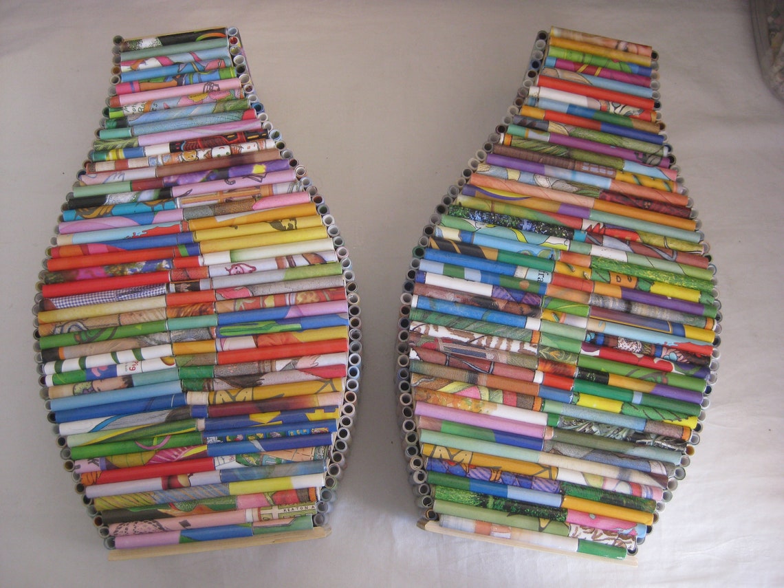 Wood Vase Hand Decorated With up Cycled Magazine Paper Rolls - Etsy