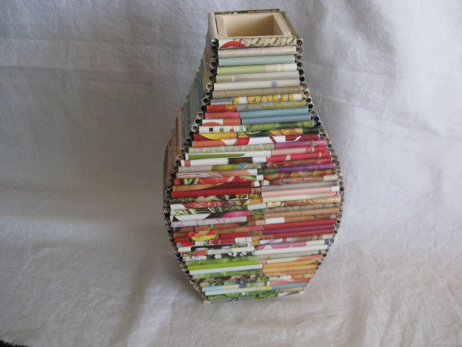 Wood Vase, Hand Decorated With up Cycled Magazine Paper Rolls, Home ...