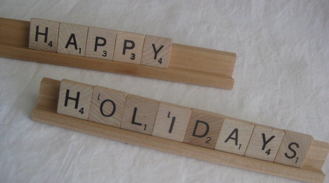 HAPPY HOLIDAYS Scrabble Tiles Word Art on Wood Tile Holders. Hostess ...
