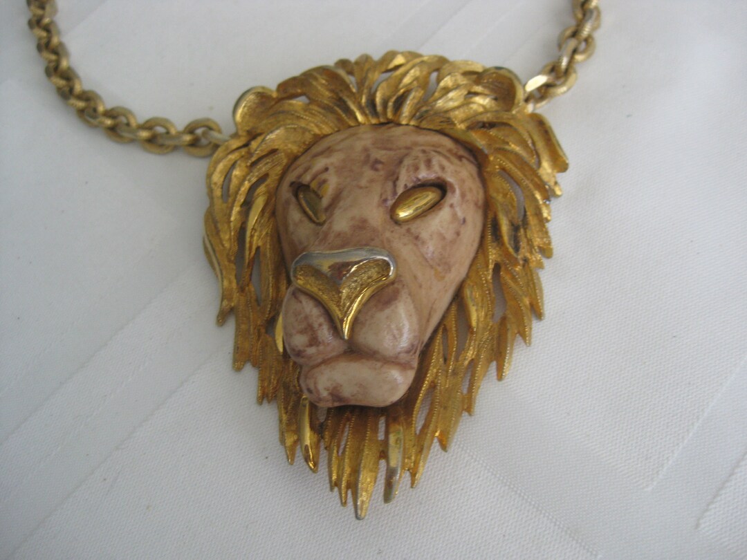 Vintage Luca Razza Lion Face Necklace, 1970s', Gold Tone Mane, Eyes ...