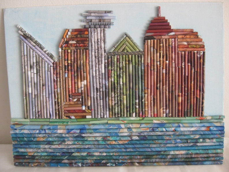Upcycled Magazine Paper Rolls city Skyline Collage - Etsy